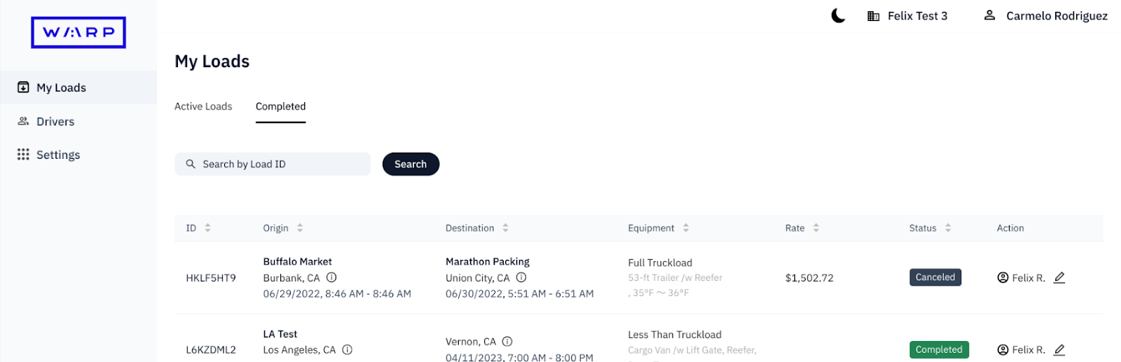 Carrier Portal | Load Board & My Loads – WARP